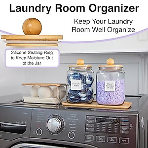 Glass Laundry Jars with Airtight Lids - Kitchen & Laundry Room Organization Containers with Dryer Sheet Holder,Bamboo Tray - Laundry Detergent Powder Half Gallon Storage Canisters with Labels
