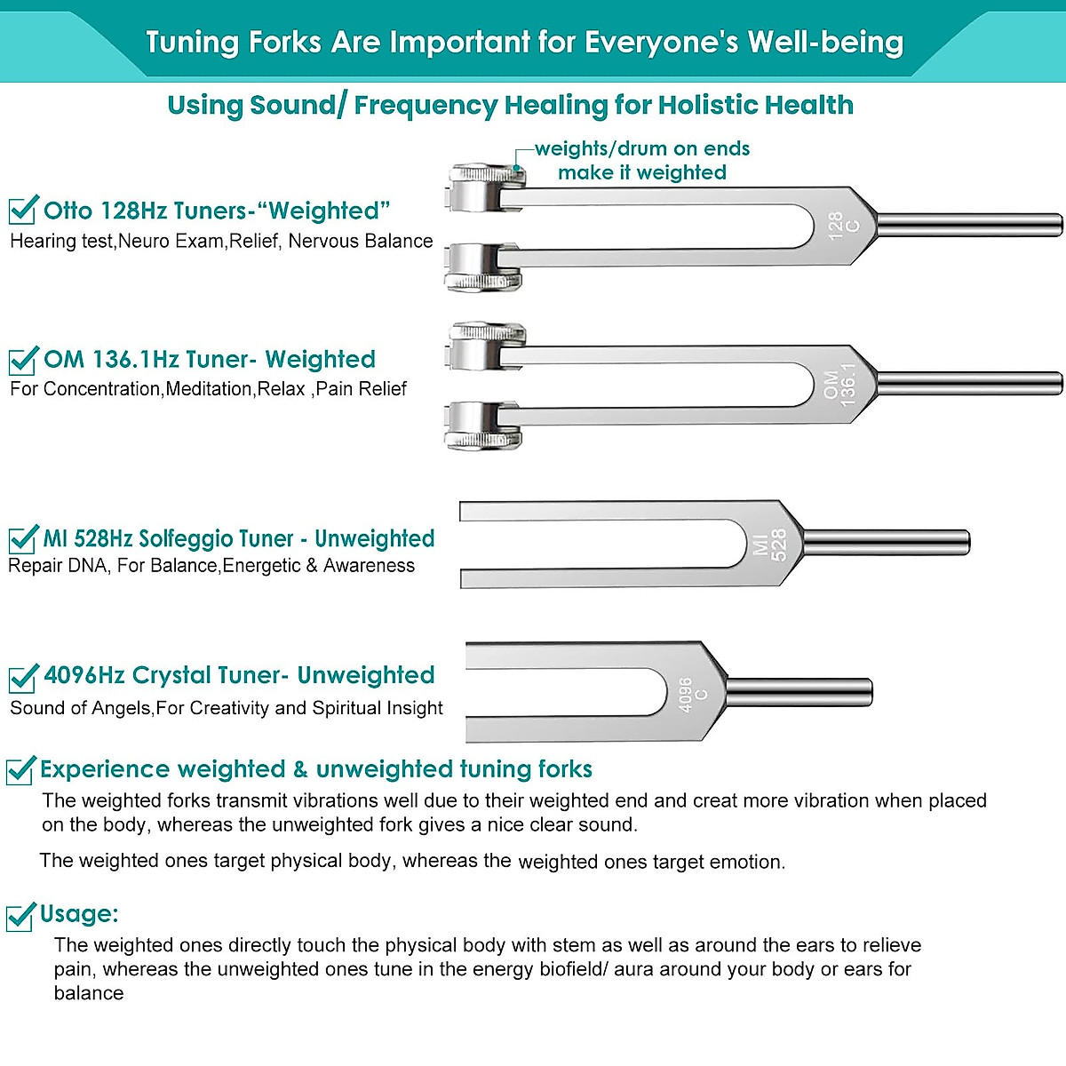 4Pcs Tuning Fork Medical Sound Healing Set(128Hz, OM 136.1Hz, MI 528Hz, 4096Hz), Tuning Fork Chakra Solfeggio Meditation Biofield Heart Aluminum Weighted Otto Body Tuner Angel Activator Hammer Mallet