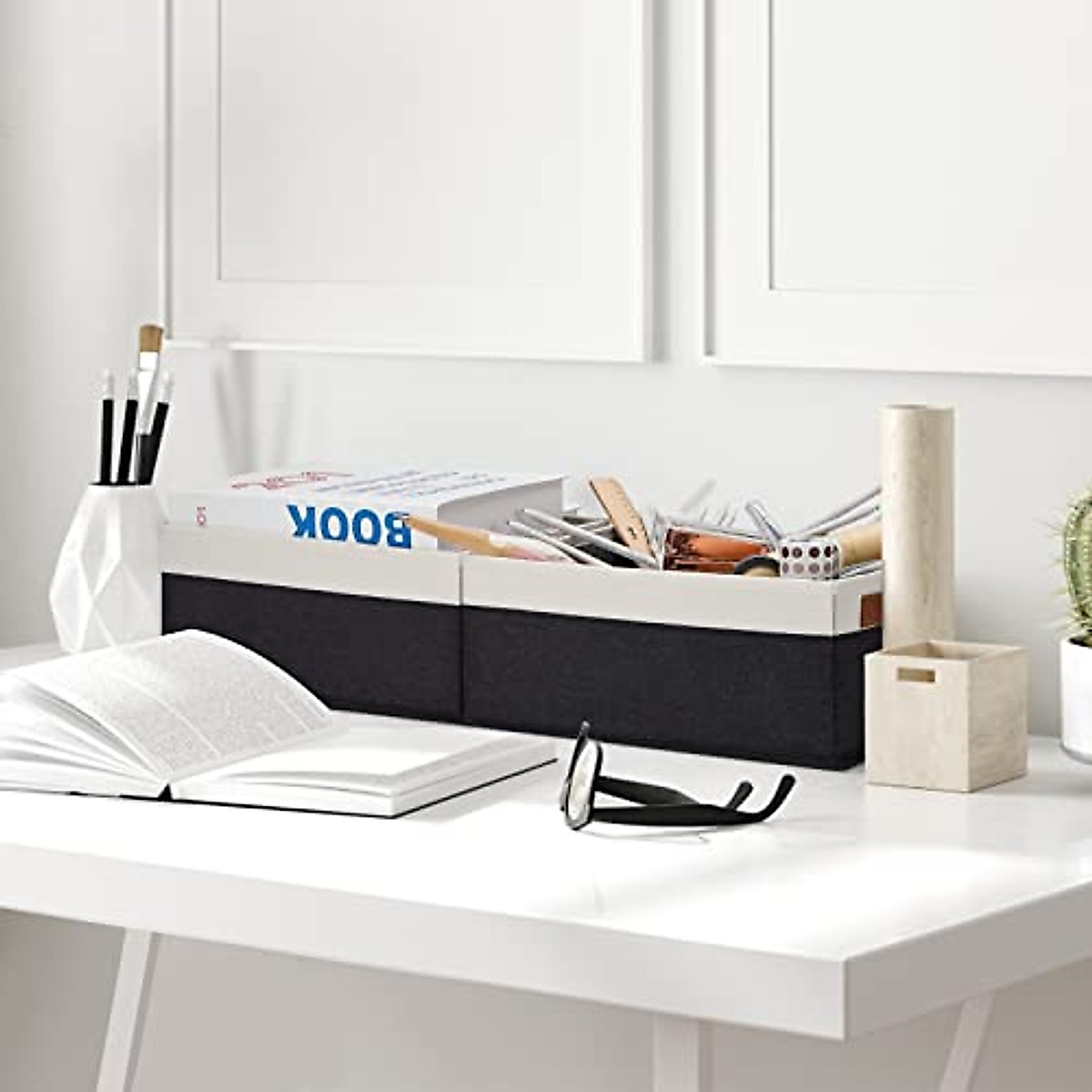 GhvyenntteS Storage Baskets for Organizing, Fabric Storage Bins with Leather Handles, Foldable Rectangular Storage Baskets for Shelves, Closets, Home, Office, Empty Gift Baskets (Black/White & Grey/Be