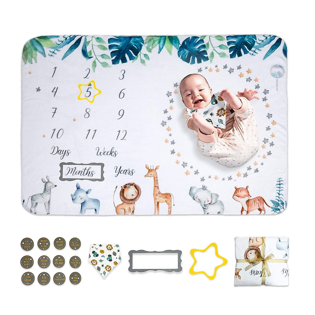 Baby Monthly Milestone Blanket - Nursery Decor for Newborn Baby Shower - Personalized Soft Fleece First Year with Days/Weeks/Months/Years - Markers & Frame &12 Stickers Included - Large 55"x40"