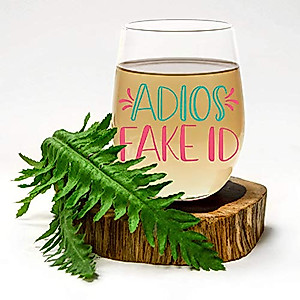 Adios Fake ID - Funny Cute Wine Glass, Stemless 15oz, Gift Box, 21st Birthday Gifts for Women, Finally Legal, R.I.P Fake ID, Happy 21st Birthday Gift for Women, Funny Gift Ideas for Sister, Friend