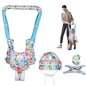 Baby Walking Harness with Knee Pads and Safety Helmet Handheld Baby Walker for Boys Girls Adjustable Walking Assistant Protective Belt Perfect for Toddler Infant Child 7-24 Months (Blue)