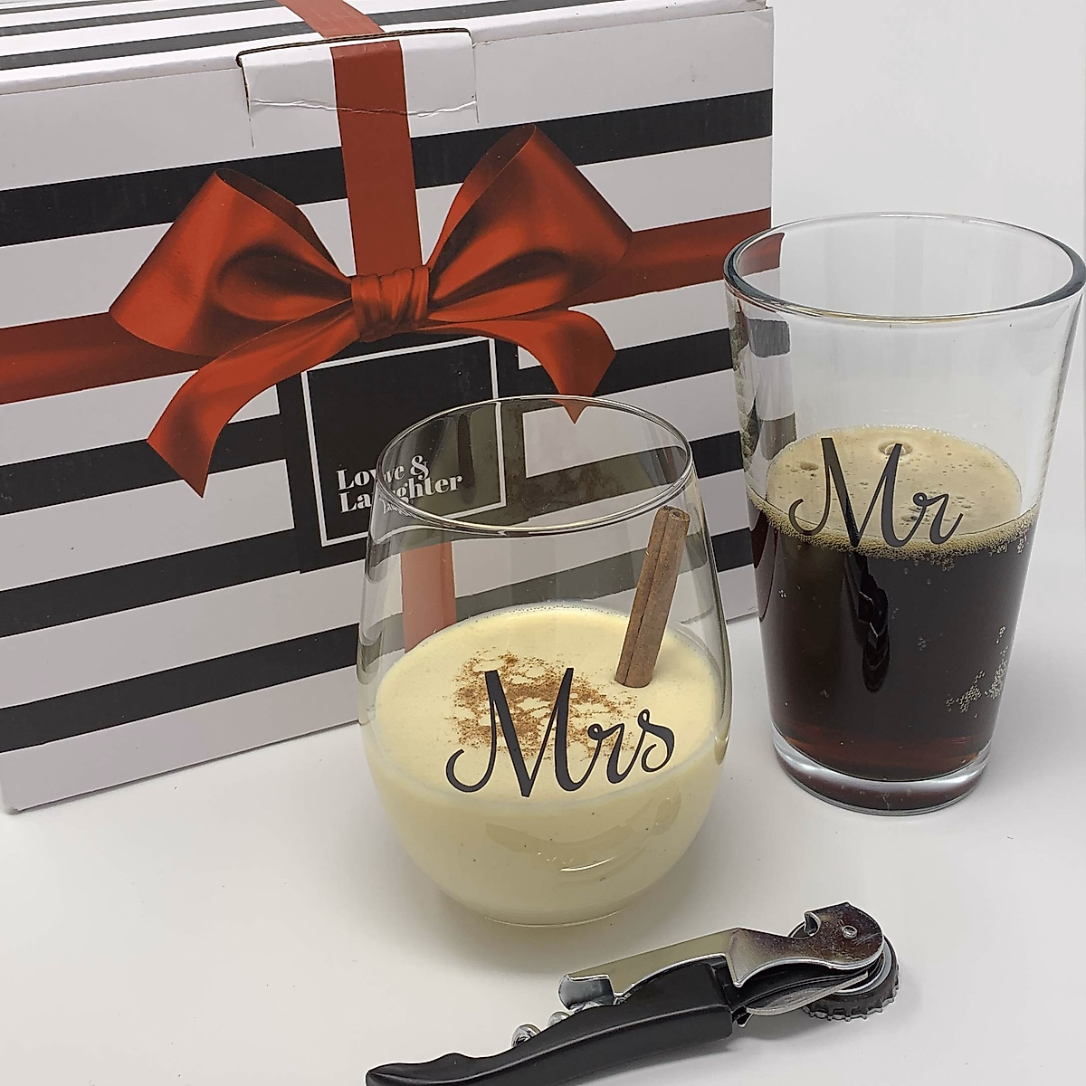 Mr Mrs Beer and Wine Glass Set and Bottle Opener, Funny Beer and Wine Glass set of 2, Funny Gift for Couples, Engagement Gift Idea for Couples, Wedding Gift, Anniversary Beer Wine Glasses for Couples