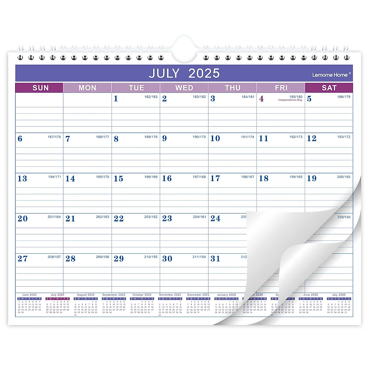2025-2026 Wall Calendar - 2025-2026 Calendar, Jul.2025 - Dec. 2026, 11" x 8.5", 18 Monthly Calendar 2025-2026, Hanging Hook + Ruled Blocks - Purple