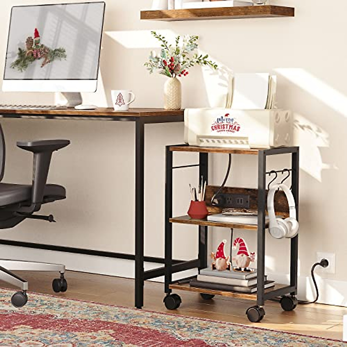 ALLOSWELL 3-Tier Mobile Printer Stand, Rolling Cart with Power Outlets and USB Ports, Industrial Printer Cart, Home Utility Storage Rack with 2 Hooks, for Office, Living Room, Rustic Brown PTHR40E01