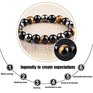 HOZEAL Triple Protection Bracelet, Black Obsidian Tiger Eye Stone Hematite Wealth Bracelets for Men Women for Bring Luck and Prosperity, Beaded Buddha Crystals Rope Stretch Bracelet (10mm-7inch)