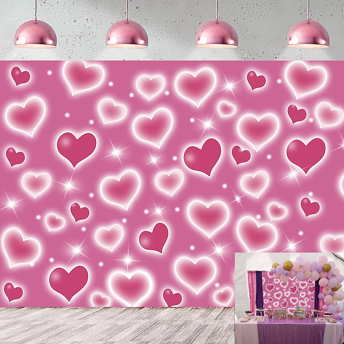 DYANG Early 2000s Pink Heart Backdrop Glitter Heart Romantic Valentine Day Party Photography Background Baby Shower Sweet 16 18th 21th 30th Female Birthday Banner Decor(7x5FT)