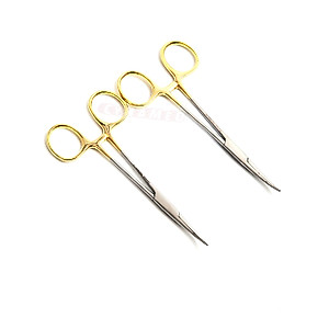 Premium German Stainless- Set of 2 PCS Gold Handle Mosquito Locking HEMOSTAT Forceps Straight + Curved 5"-Cynamed