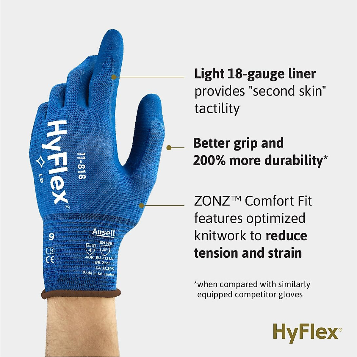 HyFlex 11-818 Multipurpose Gloves - Dexterity, Lightweight, Blue/Blue, Size Large (Pack of 12)