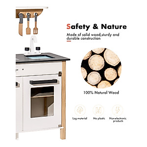 ROBOTIME Kids Play Kitchen Playset, Wooden Kitchen Toys for Toddlers, Pretend Play Kitchen Toy w/Accessories Set Gift for 3+ Year Old Kids, Girls & Boys