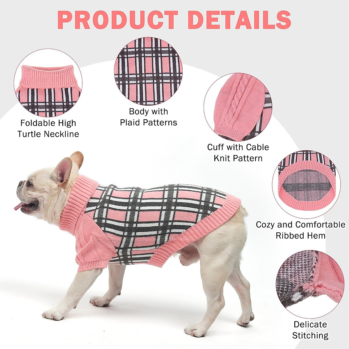 SCENEREAL Small Dog Pullover Sweater, Cold Weather Cable Knitwear, Classic Plaid Turtleneck Thick Warm Dog Clothes for Chihuahua, Bulldog, Dachshund, Pug, S Medium Dogs