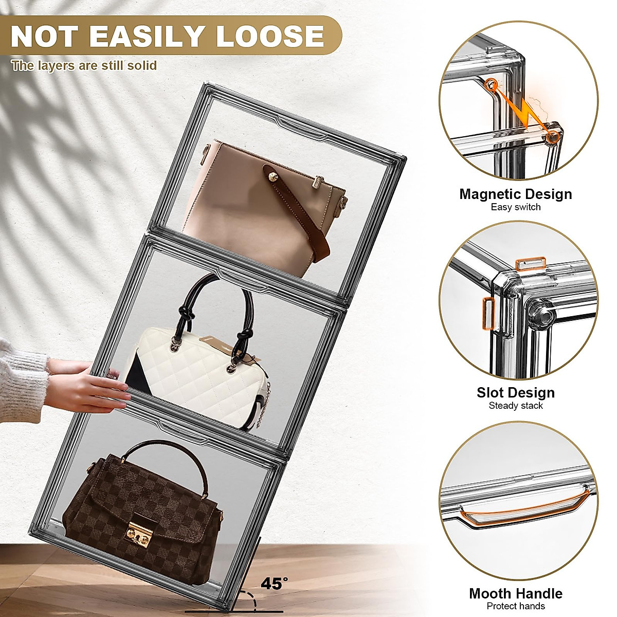 ULENDIS 4 Pack Handbag Storage Organizer for Closet, Transparent Gray Acrylic Display Case for Handbag Purse, Stackable Storage Organizer with Magnetic Door for Wallet Book Cosmetic Toys Display