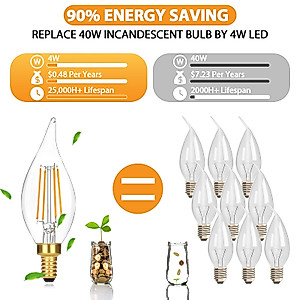 Dimmable E12 Candelabra LED Light Bulbs 40W Equivalent, 2700K Soft Warm White Chandelier Light Bulbs, 4W 460 LM Flame Tip Candle Light Bulbs, 12-Pack