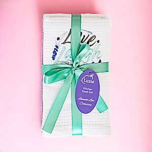 Luzia Lavender Love Kitchen Towels; Stylish and Absorbent - Waffle Weave Embroidered Dish Towels Turkish Cotton - Set of Three, White and Lavender Color