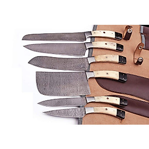 GladiatorsGuild G28B- Professional Kitchen Knives Custom Made Damascus Steel 6 pcs of Professional Utility Chef Kitchen Knife Set with Chopper/Cleaver Black Horn (at end) G28B (White Bone)