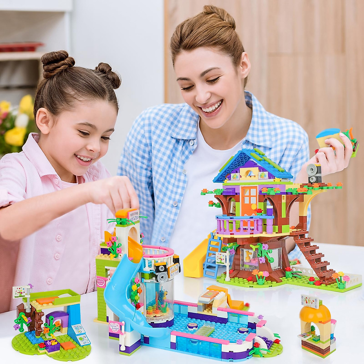 1274 Pieces Friends Tree House Summer Pool Party Building Kit, Friends Treehouse Swimming Pool Building Set with Storage Box, Creative Building Blocks Toy Birthday Gifts for Kids Girls Aged 6-12