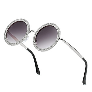 ADE WU Rhinestone Sunglasses Round Oversized Gem Shinning Sunnies for Feastival Party Favor (Silver/White)