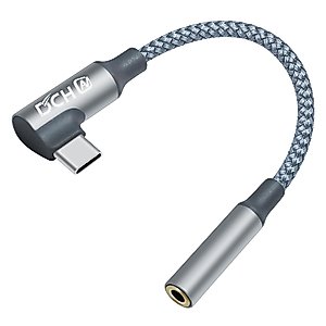 DCHAV Right Angle USB C to 3.5mm Audio Adapter Headphone Jack USBc 3.5 mm Cable Aux USB Type C Cord Male Female Dongle DAC Chip for Android Phone Tablet Laptop Speaker Microphone Car Stereo, Grey
