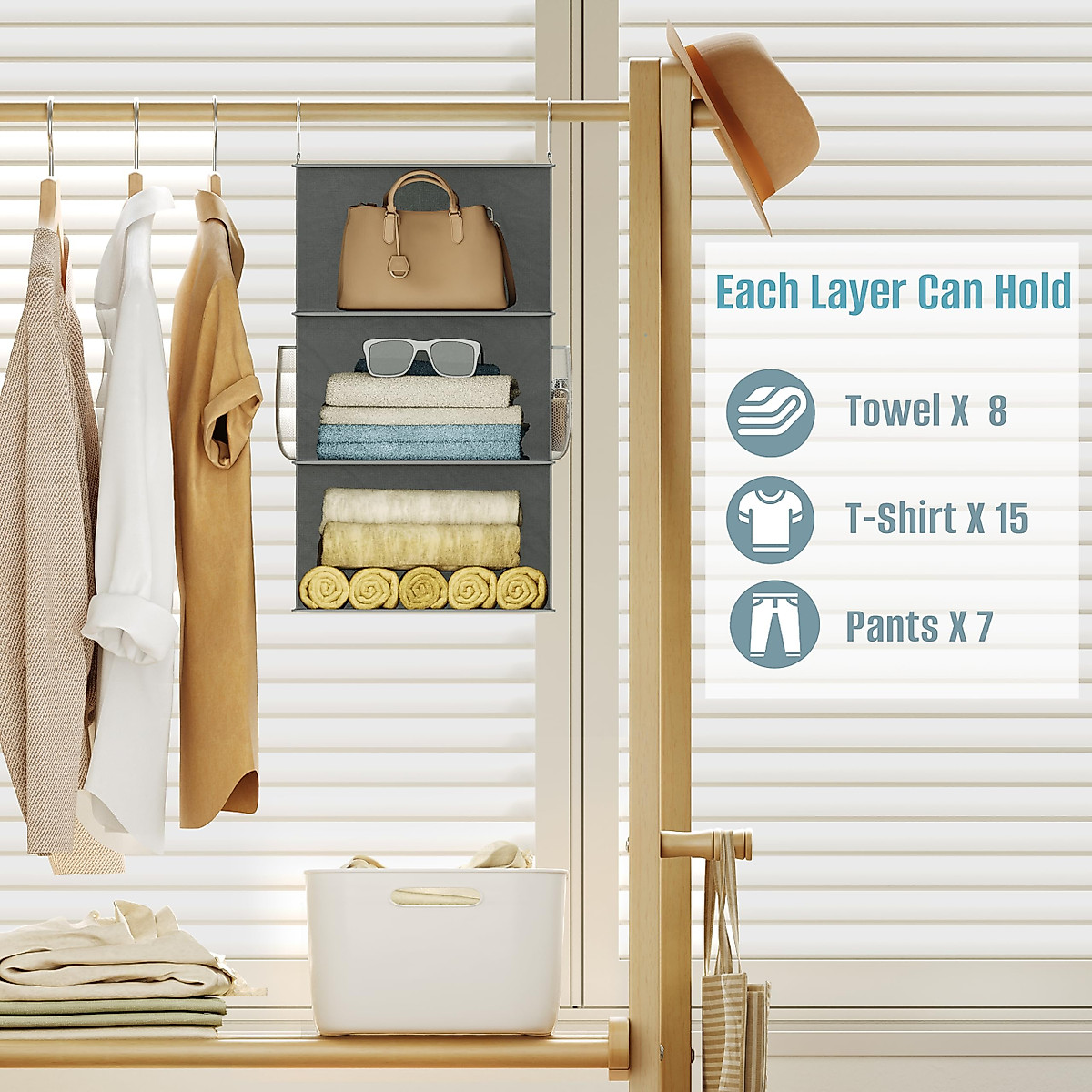 LayerSpace Space-Saving Hanging Closet Organizer - Versatile Storage for Clothes, Travel, Bedroom - 3-Shelf Heavy-Duty Design - Set of 2, Grey