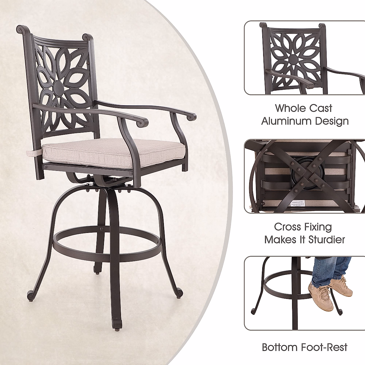 MFSTUDIO Cast Aluminum Bar Height Patio Dining Set of 7, Aluminum 54" Round Bar Height Table with Umbrella Hole and 6 Pieces Bar Height Swivel Stool, Brown