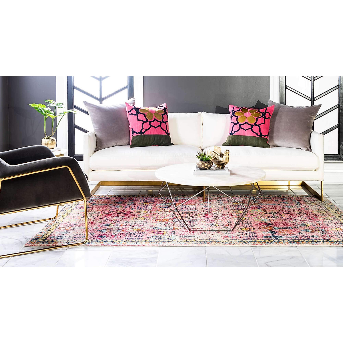 Unique Loom Monterey Collection Vintage Bohemian Inspired with Distressed Tribal Design Area Rug, 8 x 10 ft, Pink/Yellow