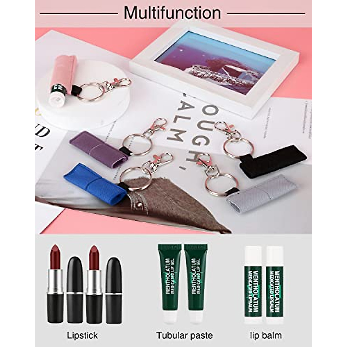 Lip Balm Holder Chapstick Holder Sleeves Holder Pouch Elastic Lip balm Holder Lipstick Lip Gloss Holder With Hook Stocking Stuffers Gift for Women (5pcs)