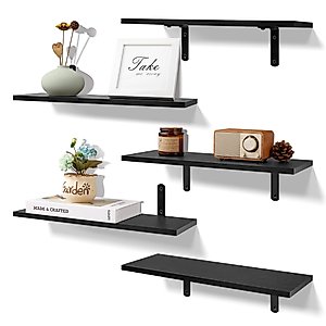 upsimples Floating Shelves for Wall Decor Storage, Black Wall Mounted Shelves Set of 5, Sturdy Small Wood Shelves Hanging for Bedroom, Living Room, Bathroom, Kitchen, Corner, Book