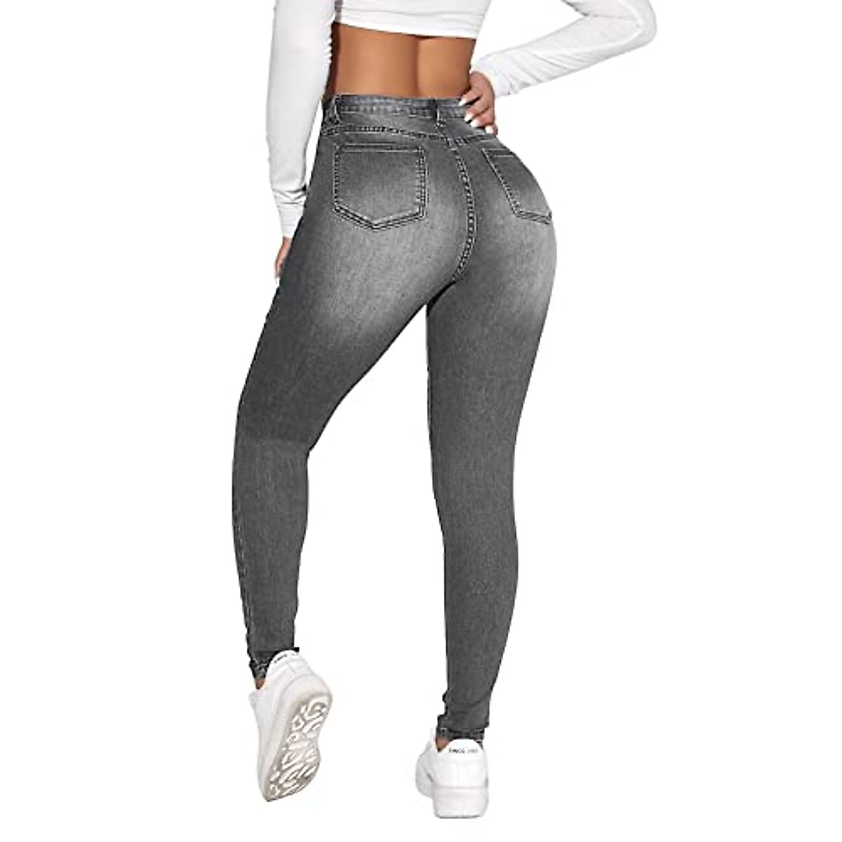 SweatyRocks Women's Casual High Rise Ripped Jeans Zipper Fly Skinny Denim Pants Grey M