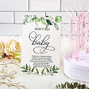 51 Pcs Don't Say Baby Game Sign Cool Baby Shower Game 50 Baby Shower Pacifier Necklace Wooden Don't Say Baby Sign Plastic Baby Pacifier Party Favor for Gender Reveal (Pink,Greenery)