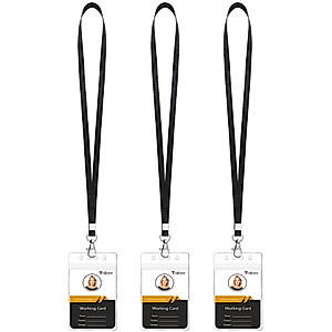 Teskyer Clear ID Badge Holder with Lanyard, Waterproof Extra Thick Plastic ID Card Holder with Resealable Zip, 2.5" x 3.5" Inner Size, Vertical Style, Set of 3, Black