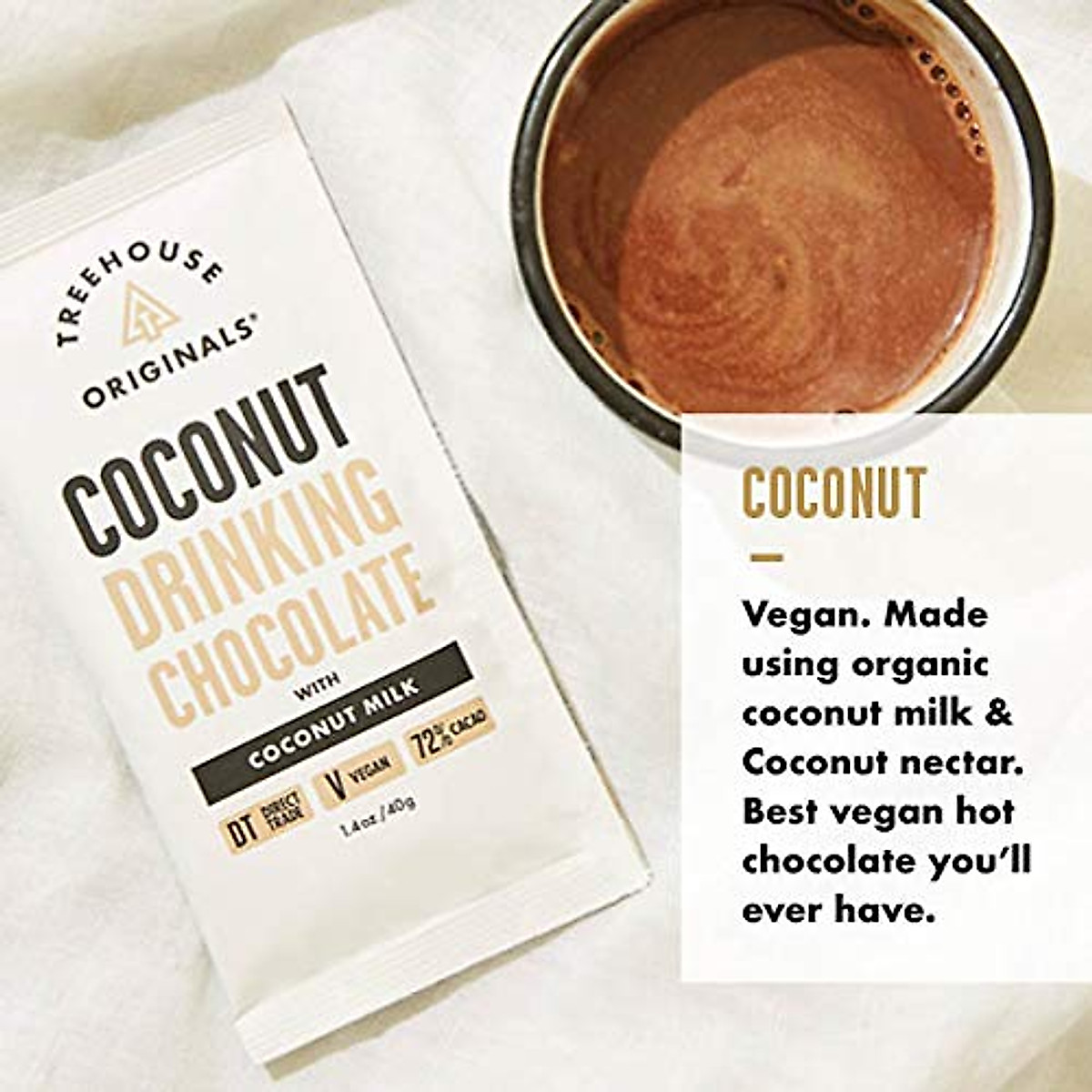 Treehouse Originals Organic Hot Chocolate | 72% Cacao Peruvian Dark Chocolate | Gluten-Free, Soy-Free, Hot Cocoa Mix | 1.2 oz (Coconut, 10 Pack)