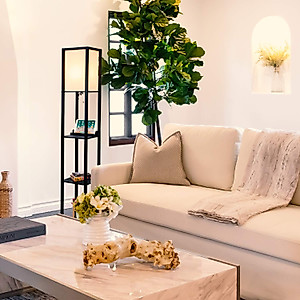 Brightech Maxwell – Modern Shelf Floor Lamp with USB Ports, Wireless Charging Station & Outlet – Living Room and Office Corner Display Floor Lamps with Shelves – Fits on Bedroom Nightstands – Black