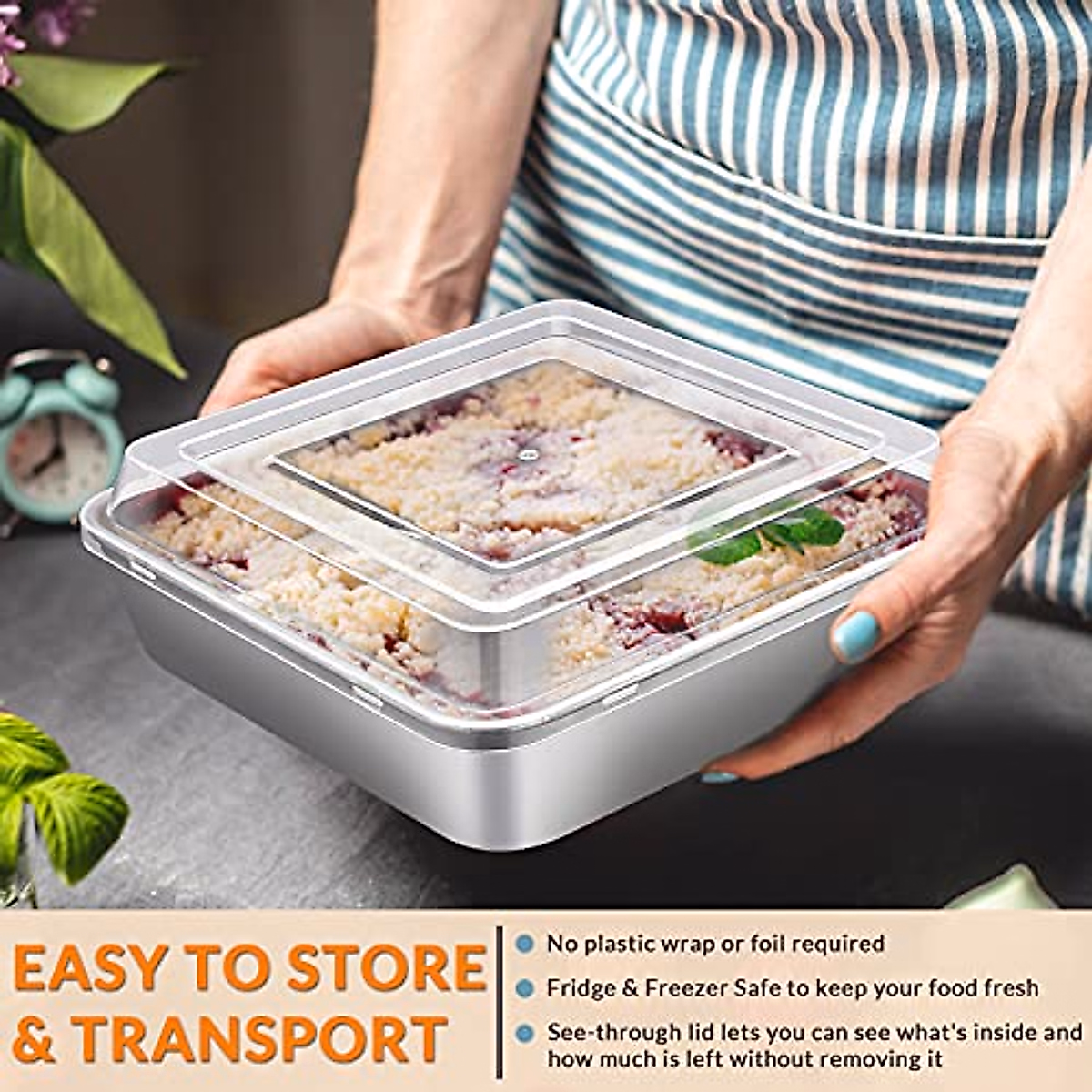 E-far 8 x 8-Inch Baking Pan with lid, Square Cake Brownie Baking Pans Stainless Steel Bakeware Set of 2, Non-toxic & Healthy, Easy Clean & Dishwasher Safe - 4 Pieces(2 Pans + 2 Lids)