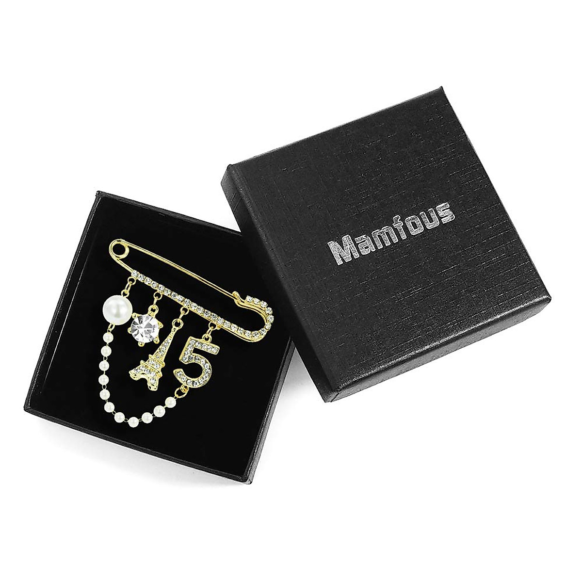 Mamfous Vintage Crown Number 5 Lapel Pins and Brooches for Women Rhinestone Jewelry with Simulated Pearl