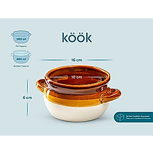 KooK French Onion Soup Crocks, Ceramic Make, Large Handles, Stoneware, Dishwasher, Microwave, Oven & Broil Safe 16oz Standard Capacity & 18oz Full Capacity