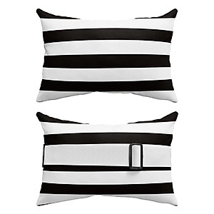 Outdoor Pillow for Chaise Lounge Chair, Simple Stripe Black and White Waterproof Headrest Pillow Lumbar Pillows with Insert & Adjustable Elastic Strap for Beach, Poolside, Patio, Office (1 Pack)