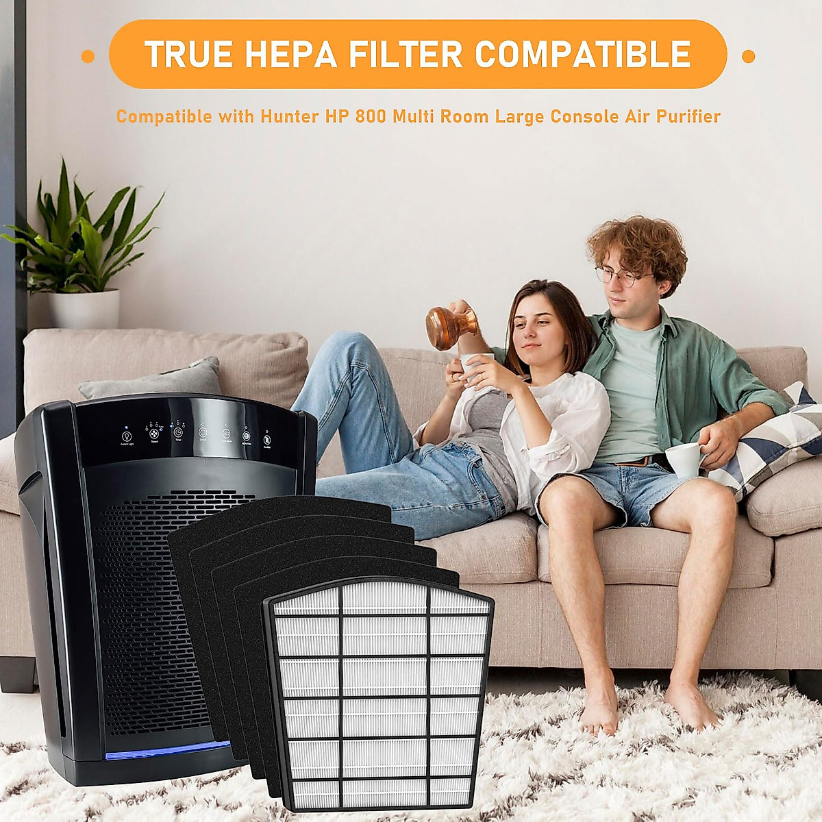 Allisfresh HP800 HEPA Filter Replacement Set Compatible with Hunter HP800 Multi Room Large Console Air Cleaner Purifier, Part Number H-HF800-VP H-PF800, 1 HEPA Filter and 4 Carbon Pre-Filter
