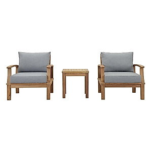 Modway EEI-1487-NAT-GRY-SET Marina Premium Grade A Teak Wood Outdoor Patio Furniture Set, Two Armchairs and Side Table, Natural Gray