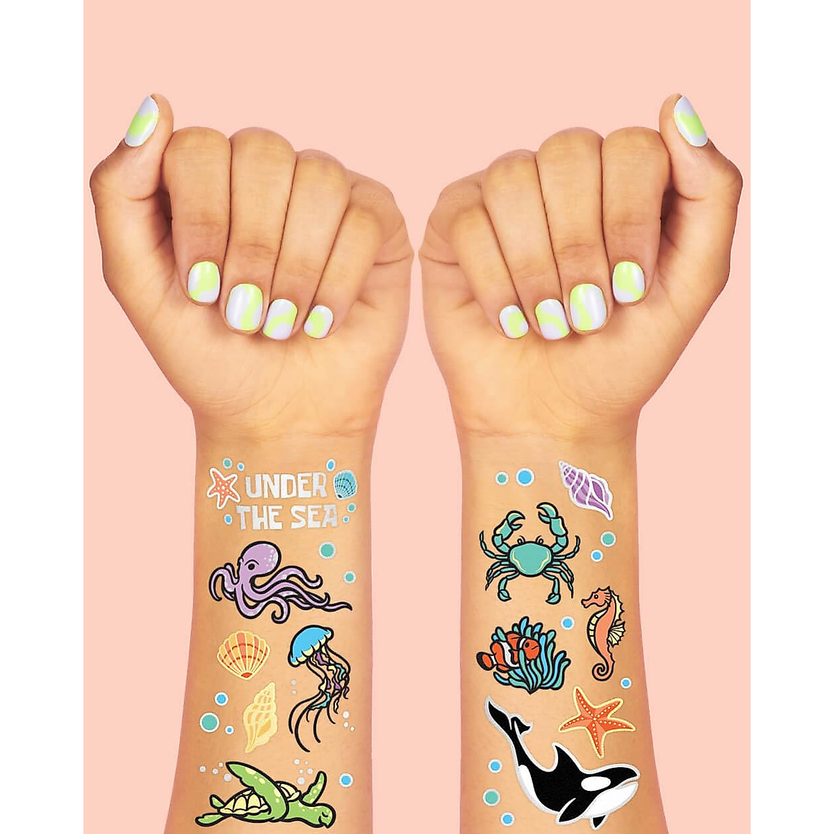 xo, Fetti Underwater Sea Creature Temporary Tattoos - 50 Glitter Styles | Ocean Animal Birthday Party Supplies, Shark, Dolphin, Crab, Fish, Arts and Crafts