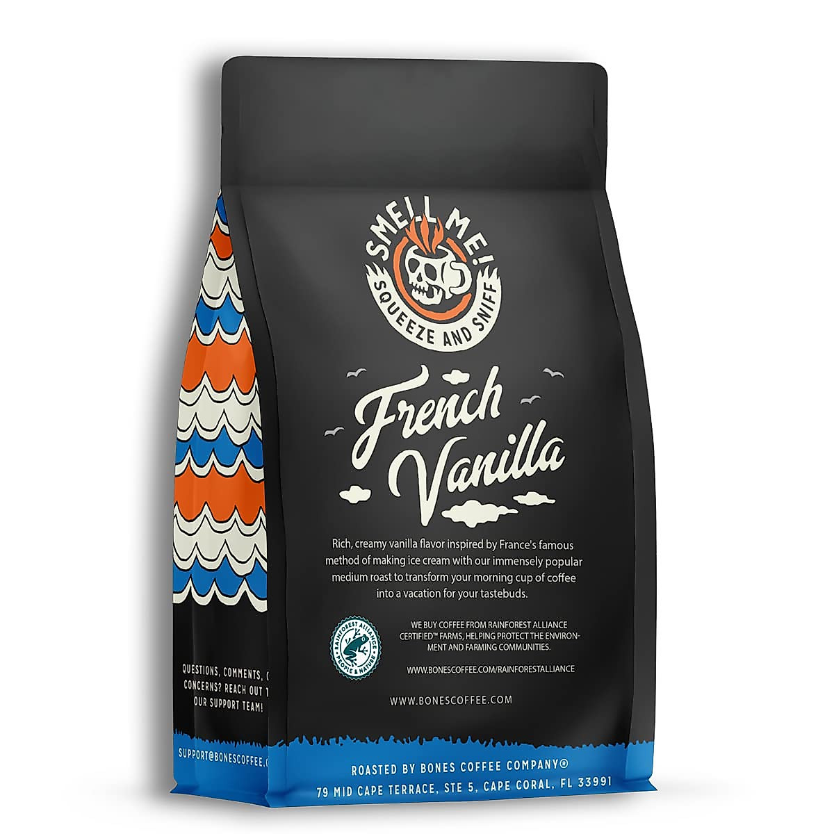 Bones Coffee Company French Vanilla Flavored Coffee Beans, Medium Roast Ground Coffee Low Acid, Creamy Vanilla Flavor (12 oz)
