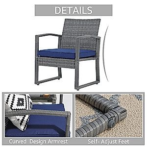 Patiorama 3 Pieces Outdoor Patio Furniture Set, Outdoor Wicker Conversation Set, Patio Rattan Chair Set, Modern Bistro Set with Coffee Table, Garden Balcony Backyard Poolside (Navy Blue)