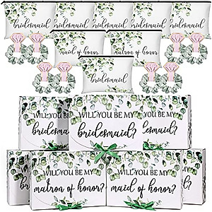 24 Pcs Wedding Themed Supplies Include 8 Bridesmaid Proposal Box 8 Bridesmaid Canvas Makeup Bags Matron of Honor Bag and 8 Hair Scrunchies Bridal Satin Hair Band for Bridal Shower Wedding Party