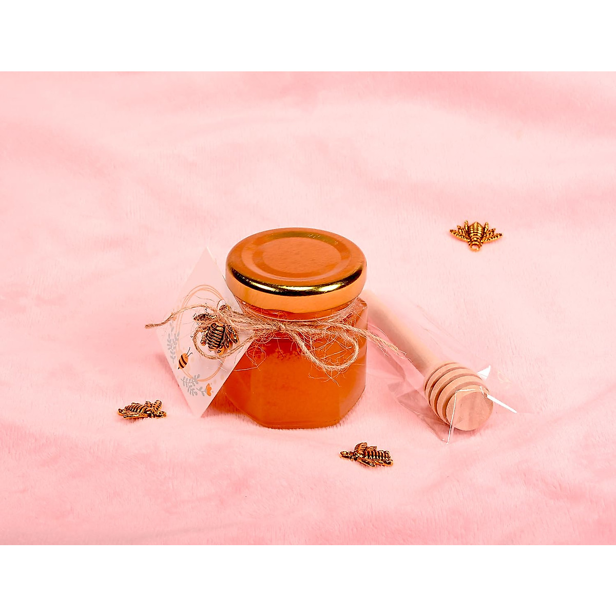 Adabocute 40 Pack Mini Honey Jars with Wood Dipper | Gold Lid | Bee Pendants| | Beige Gift Bags | Thanks for Beeing Here Tags | Ideal for Baby Showers & Wedding Favors