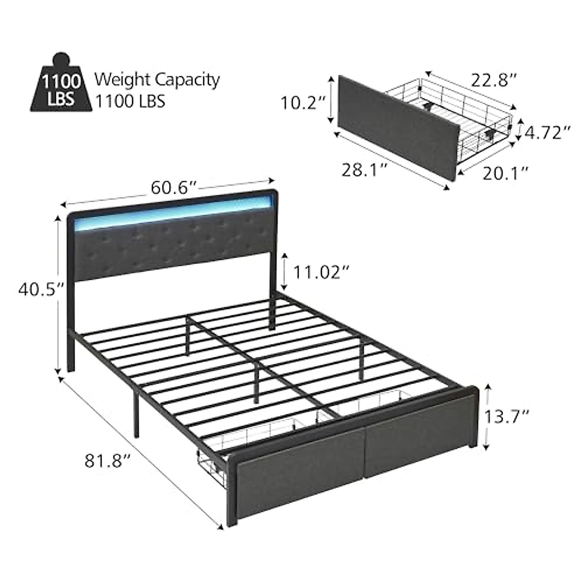 Queen Size Bed Frame with 2 Storage Drawers, Button Tufted Headboard and LED Lights, Upholstered Platform Bed with Storage, Heavy Duty Metal Slats, No Box Spring Needed, Noise Free, Easy Assembly
