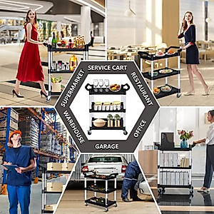 PELOEMNS Plastic Utility Carts with Wheels, Heavy Duty 480lbs Capacity Rolling Service Cart, 3-Tier Restaurant Food Cart with Hammer for Office, Warehouse, Garage (Lockable Wheels, Black)