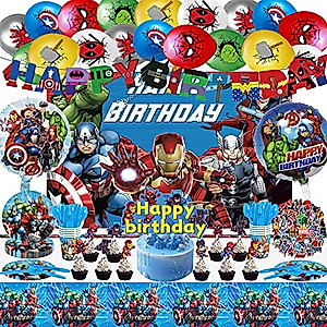 150 PCS Superhero Blue Theme Birthday Party Supplies For Boys And Girls Decoration With Plant Balloon,Tableware,Paper Cup,Tablecloth, Backdrop Super Movie Theme Party
