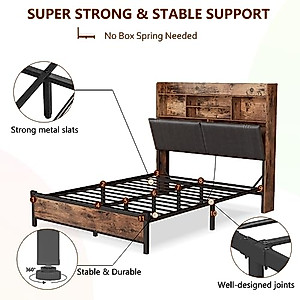 Alohappy Full Size Bed Frame with 51” Storage Headboard, Wooden Platform Bed Frame with Chargig Ports & LED Lights, Upholstered LED Bed Frame, No Box Spring Needed