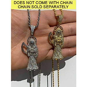 Solid 925 Sterling Silver - Large Men's Grim Reaper Death Pendant - Iced Santa Muerte Piece - Great Necklace (gold-plated-silver)