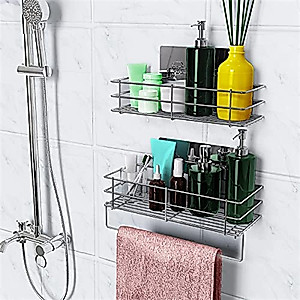 WECVLAG Shower Caddy Organizer Stainless Steel Bathroom Shelf Holder with Adhesive Hooks No Drilling Rustproof Bathtub Shelves 2 Pack Wall Mounted Storage Racks for Kitchen