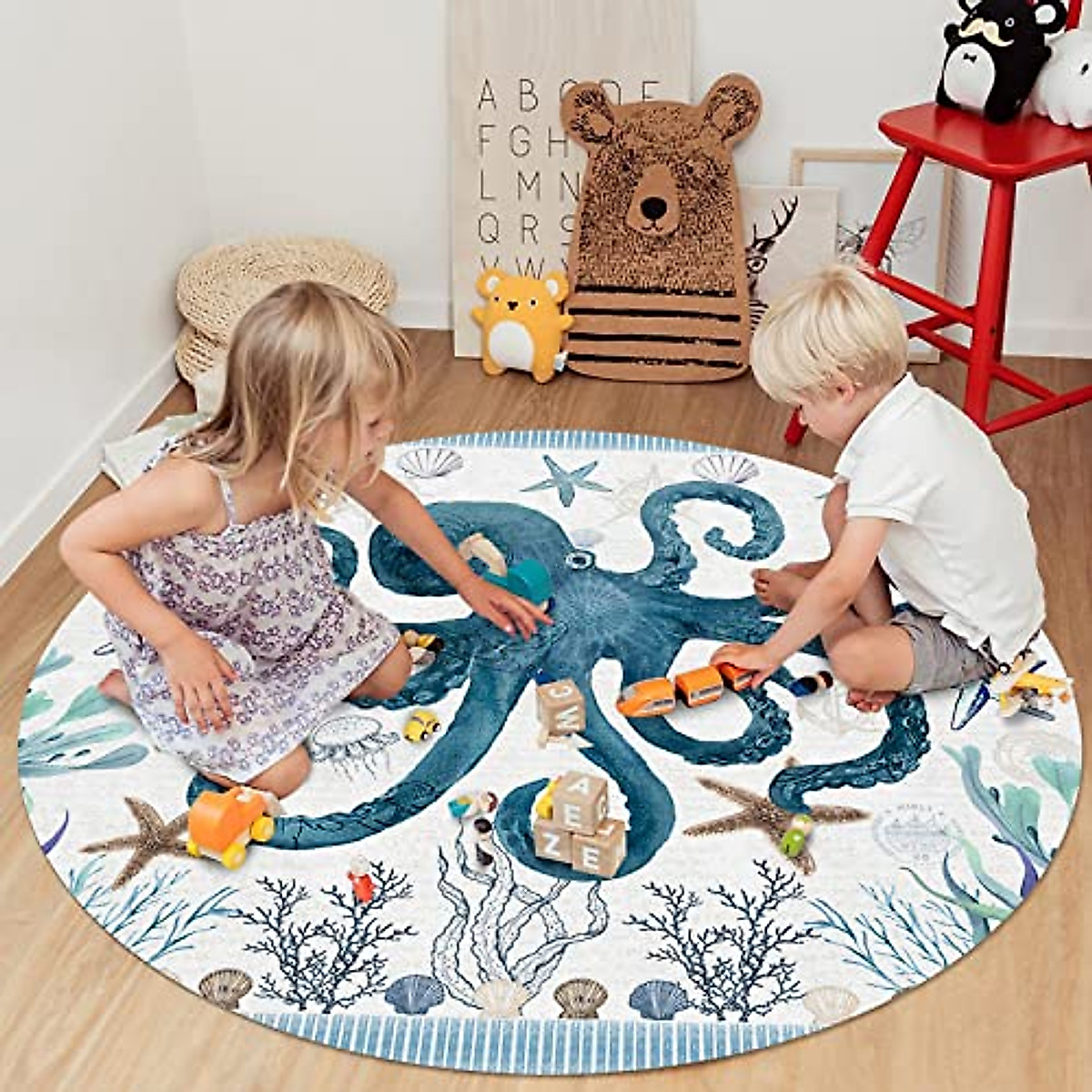 Ocean Octopus Round Area Rugs 5ft - Soft Area Rug for Kids Room, Blue Summer Beach Nautical Coastal Starfish Coral Machine Washable Living Room Circle Rugs, Non-Shedding Bedroom Carpet Floor Mat